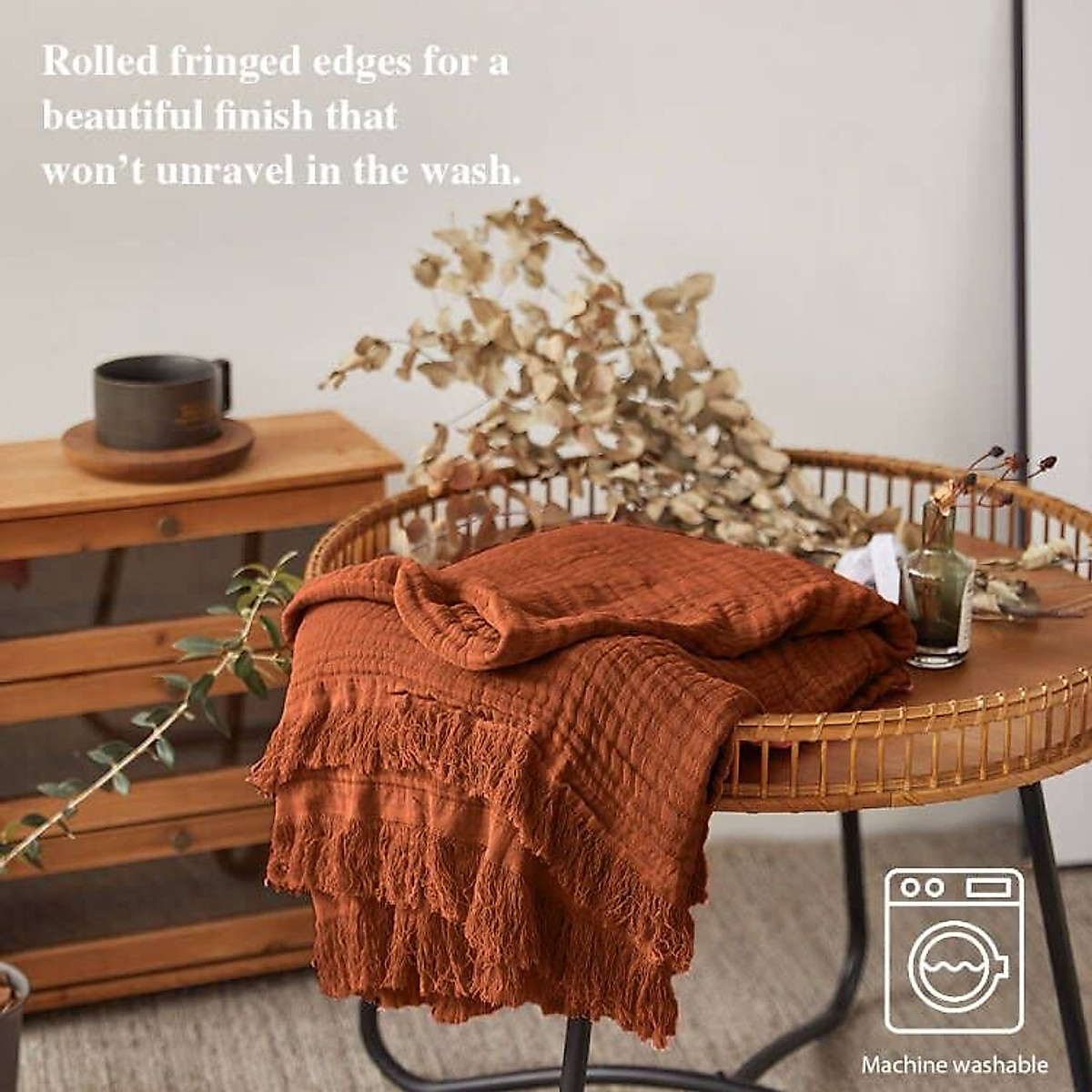 Simple&Opulence Cotton Muslin Throw Blanket for Bed, Couch, Knit Woven Gauze Blanket with Tassels, Soft Lightweight Cozy Pre-Washed Breathable Farmhouse Decoration for All-Season (Rust Orange)