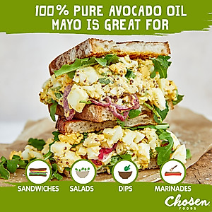 Chosen Foods 100% Avocado Oil-Based Classic Mayonnaise, Gluten & Dairy Free, Low-Carb, Keto & Paleo Diet Friendly, Mayo for Sandwiches, Dressings and Sauces, Made with Cage Free Eggs (32 Fl Oz)