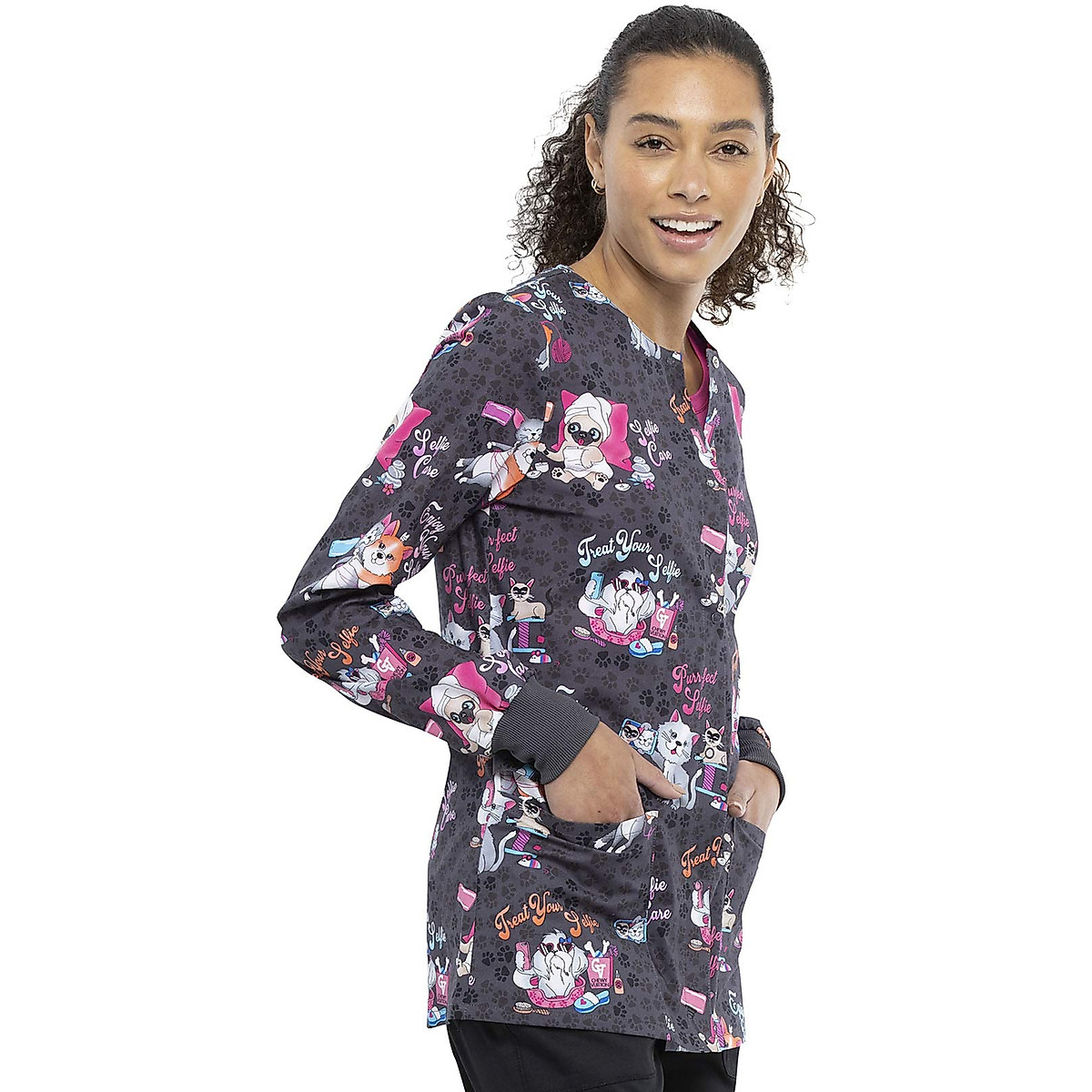 Cherokee Prints Women Warm Up Scrubs Jacket Snap Front CK301, XS, Selfie Care