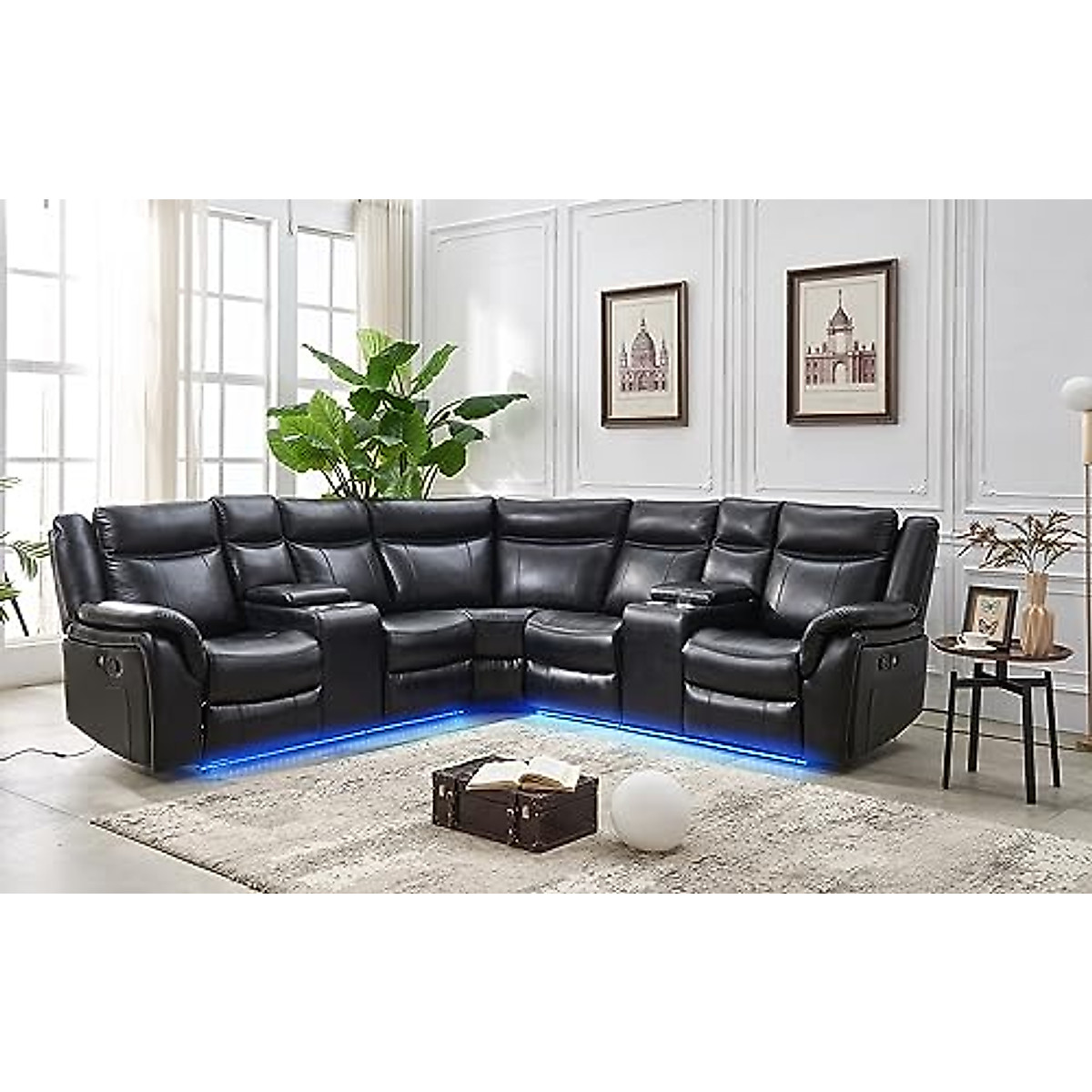 Modern Manual Reclining Motion Corner Sectional Sofa Couch ,PU Leather Upholstered Recliner Sofa & Couch W/ 2 Console Storage, 4 Cup Holders ,USB Ports and LED Stripes for Living Room Furniture Sets