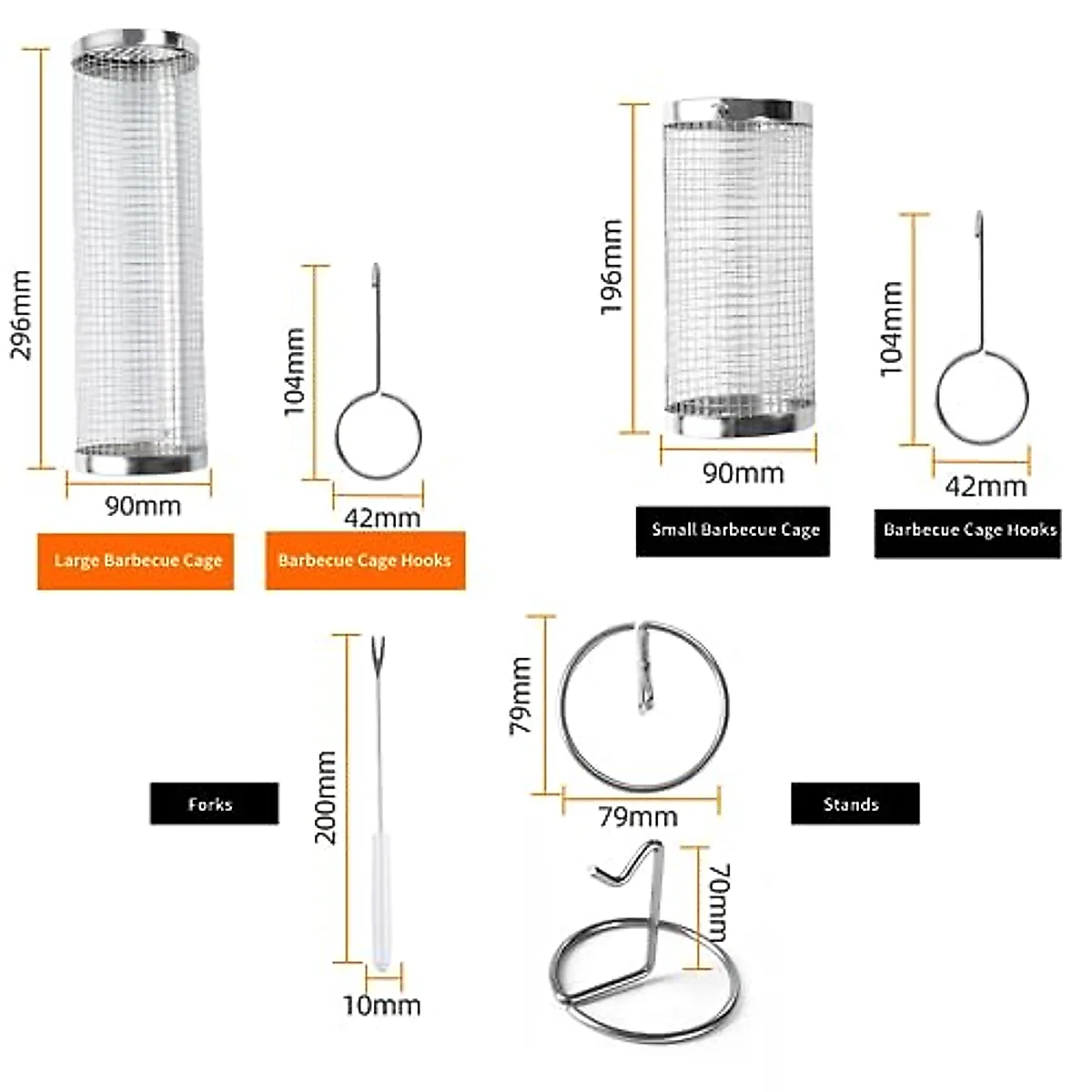 Grill Basket 2 PCS, 360 degree Rolling Grilling Basket, BBQ Grill Baske, Stainless Steel Grill Mesh Barbeque Grill Accessories, Vegetables, Fries (2 Pcs 30x9x9cm)