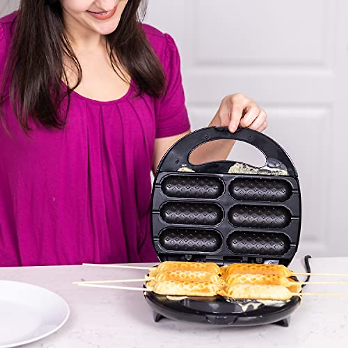 Lumme Waffle Corn Dog Maker Cheese on a stick, Corn Dog Sticks Included, Family Fun experience quick and easy mix any batch 6 corn dog maker non-stick Plate perfect for birthday parties Black