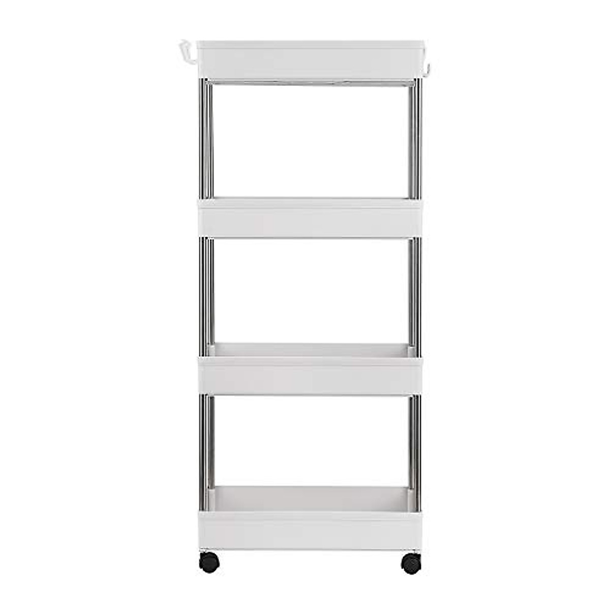 4-Tier Rolling Cart on Wheels, Mobile Slim Rolling Cart with Hooks, Multi-Functional, Suitable for Kitchen, Bathroom, Laundry Room Narrow Place, Plastic and Stainless Steel, White (16L x 8.7W x 34.5H)