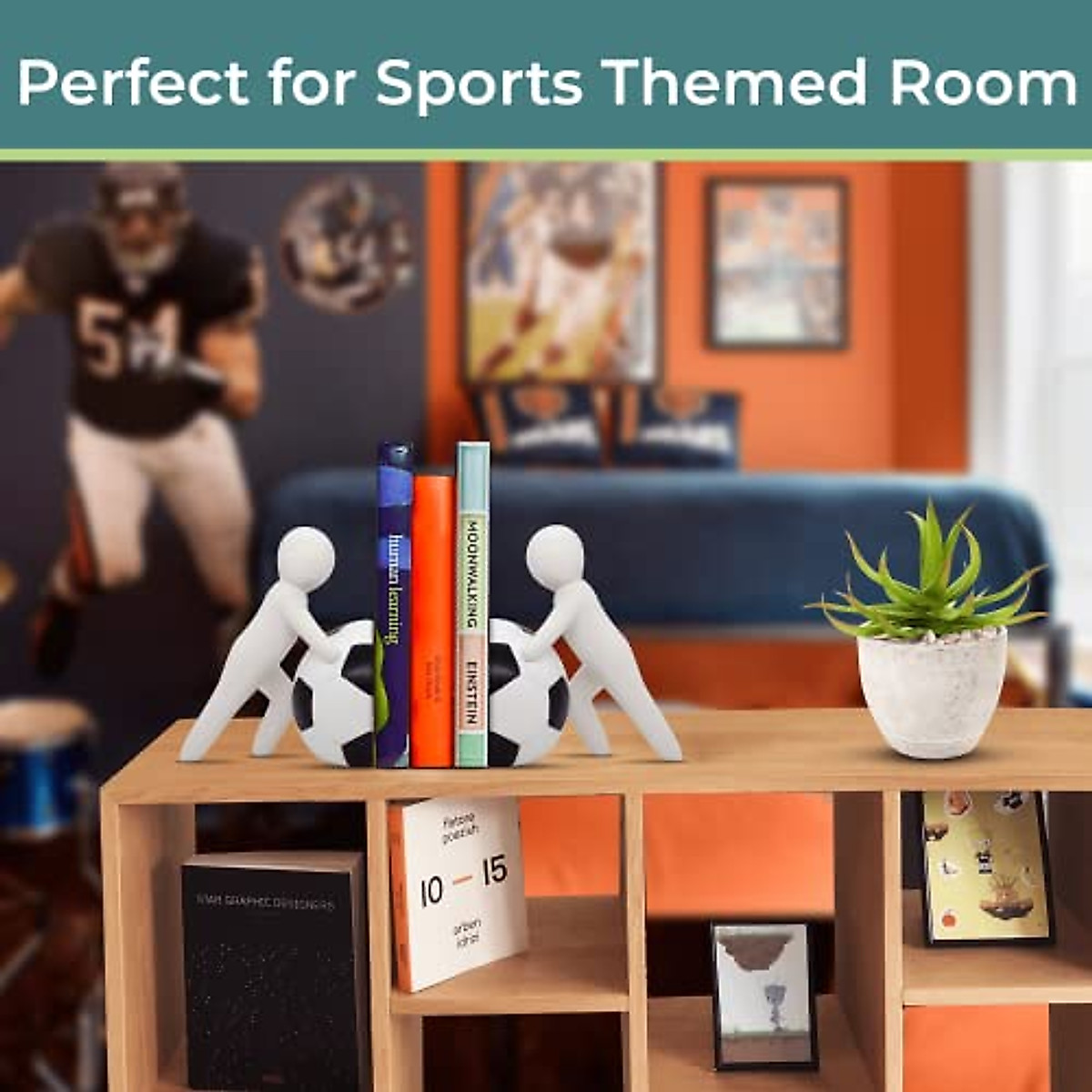 Joyvano Soccer Bookends - Decorative Sports Bookends for Kids - Unique & Heavy Duty Book Ends to Hold Books - Soccer Room Decor - Book Holder for Shelves