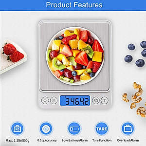 UNIWEIGH Digital Kitchen Scale, 500g/0.01g Gram Scale,Cooking Food Scale Digital Weight Grams and OZ with LCD Display, Digital Jewelry Coffee Scale with 2 Trays,Auto Off, Tare，Stainless Steel