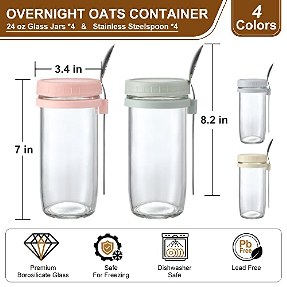 LANDNEOO 4 Pack Overnight Oats Containers with Lids and Spoons, 24 oz Glass Mason Jars for Overnight Oats, Large Capacity Airtight Jars for Milk, Cereal, Fruit