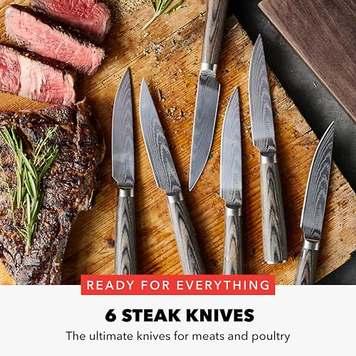 GreenPan x Bobby Flay 6 Piece Steak Knife Set with Wood Storage Box, Premium Stainless Steel Blades, Precision Cutting Tools, Ultra-Versatile Cutlery, Hand Finished Wood Handle, Damascus Steel Design