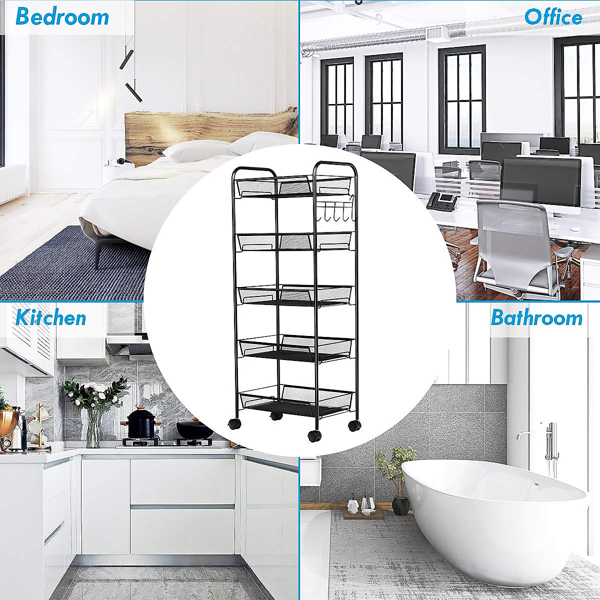 Giantex 5-Tier Storage Cart Rolling Trolley Organizer Utility Cart with Lockable Wheels, 5 Hooks, Mesh Shelves for Home Kitchen, Bathroom, Office and Bedroom (Black)