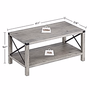 IDEALHOUSE Rectangle Coffee Table 2-Tier Farmhouse Coffee Table for Living Room Industrial Wood Look Grey Tea Table with Easy Assembly Accent Storage Shelf and X Metal Frame