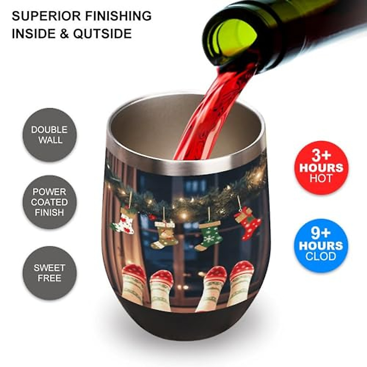 Stainless Steel Insulated Cup, Christmas Socks Xmas Party Print 304 Stainless Steel, Smooth Round Rim Ideal for Office, Home, And Gift Giving