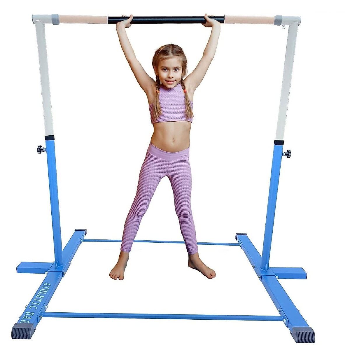 Athletic Bar Expandable Gymnastics Kip Bar 3 in 1 Set with 8 FT Adjustable Balance Tube, 6'x4' Mat for Kids, Horizontal Bar Junior Gymnastic Training Adjustable 3-5 FT Gymnast Asymmetric Bar Blue