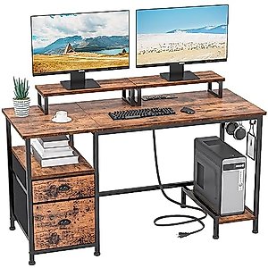 Furologee Computer Desk with Drawer and Power Outlets, 47" Office Desk with 2 Monitor Stands and Fabric File Cabinet, Writing Gaming Table with Shelves and 2 Hooks for Home Office, Rustic Brown