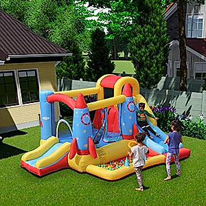 FBITE Rocket Inflatable Bounce Castle Jumper Bouncer House, Inflatable Ball Pool Slide Toss Game for Kids
