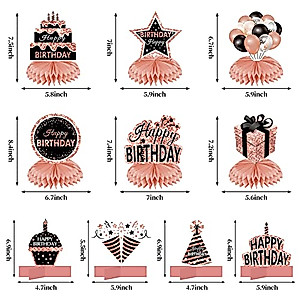 10Pcs Rose Gold Birthday Decorations Honeycomb Centerpieces for Girls Women, Rose Gold Black Happy Birthday Table Centerpieces Party Supplies,16th 18th 21st 30th 40th 50th 60th Bday Table Topper Decor