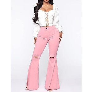 vunahzma Women's Flare Bell Bottom Pink Jeans Knee Ripped Fitted Destroyed Flare Denim Pants 70s Outfits for Women(X-Large, Pink-4014)