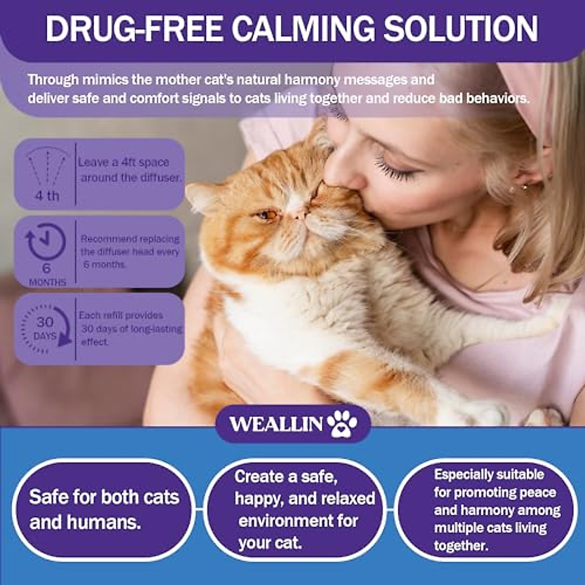 WEALLIN 6 Pack Cat Calming Diffuser Refills - Cat Pheromones Calming Diffuser Refill Relieve Anxiety & Stress 6 Month Supply, Cat Pheromone Diffuser Refills (Fits All Common Diffuser Heads)