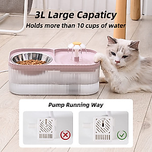 JEERAMIA Cat Water Fountain and Food Bowl, 3L/101oz Ultra Quiet Pet Water Dispenser with Smart Pump and 3 Replacement Filters, Automatic Flower Fountain & Stainless Steel Bowl for Dog & Cat (Pink)