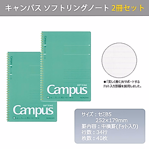 Kokuyo Campus Soft Ring Notebook, Semi-B5, B 6mm Dot Ruled, 34 Lines, 40 Sheets, Green, Set of 2, Japan Import (SU-S111BT-G)