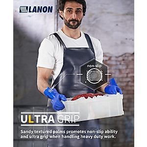 LANON 6 Pairs PVC Chemical Resistant Gloves, Heavy-Duty Rubber Gloves, Acid, Alkali and Oil Protection, Non-Slip, Blue, Large