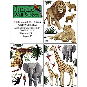 Small Jungle Animal Wall Decals (23) Lion, Elephant, Giraffe, Jaguar, Monkey Peel & Stick Wild Jungle Safari Theme Ideas Kids Room Decor Wall Stickers Birthday Decoration