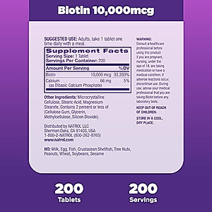 Natrol Beauty Biotin 10000mcg, Dietary Supplement for Healthy Hair, Skin, Nails and Energy Metabolism, 200 Tablets, 200 Day Supply