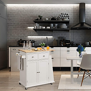 Giantex Kitchen Island Cart, Rolling Wood Trolley with Storage Cabinet, Towel Handle, 2 Drawers, Side Spice Rack and Wine Bottle Rack, Kitchen Cart on Wheels, Rubber Wood Countertop (White)