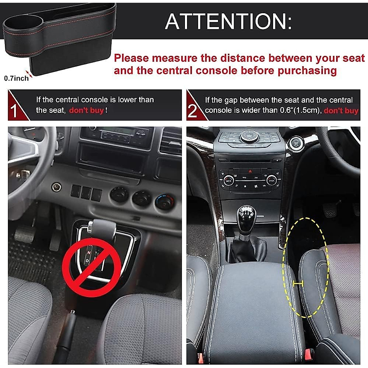 Car Seat Gap Filler, 2 Pack Multifunctional Car Seat Organizer with Cup Holder, Car Console Side Organizer for Cellphones, Wallets, Keys, Coin, Cards, Sunglasses, Passenger Side & Driver Side - Black