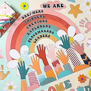 92 Pieces One World Together Classroom Decorations We Can Change The World Classroom Wall Decor We are and Together Hands Cutouts with Stars Rainbow Cutouts for School Classroom Decor (Retro)