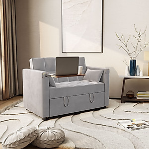wirrytor 3 in 1 Multi-Functional Convertible Sleeper Sofa Bed, Modern Loveseat Sofa Couch Velvet Pull Out Bed with Reclining Adjustable Backrest &Hidden Table for Apartment Living Room Bedroom,Grey