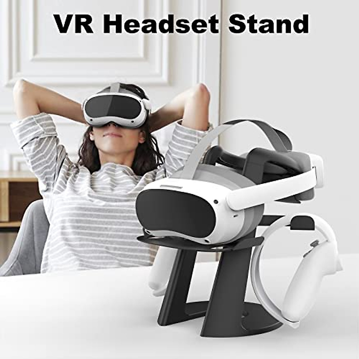 AMVR VR Stand for Quest 2, VR Headset and Touch Controllers Display Holder for Quest 2, PSVR 2, Quest, Rift, Rift S or Valve Index (Black, Just VR Stand)