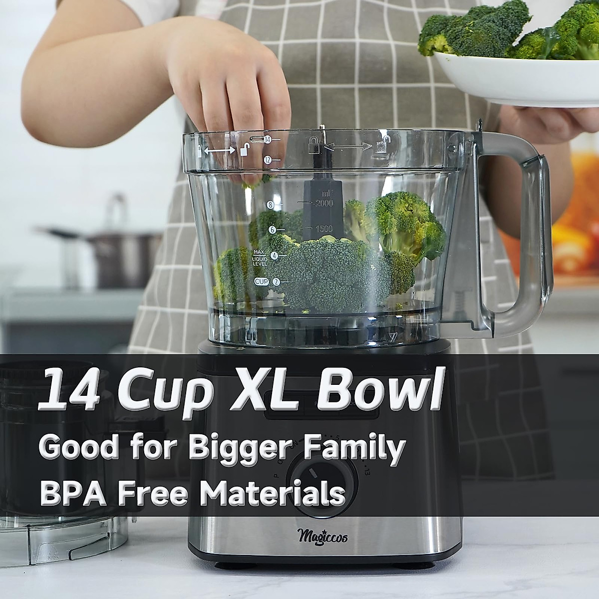 Magiccos 14-Cup Lemon Slicer Food-Processor - Large Feed Chute, 13 Speeds & Pulse, 3 Programs，Cheese Shredding, Cutting Fries, Meat Chopping, Shredding and Slicing, Mixing and Doughing, for Home Use