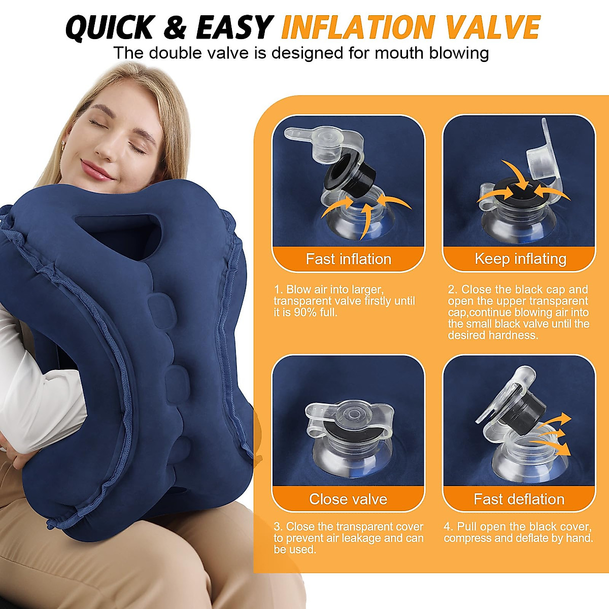 Inflatable Travel Pillow,Multifunction Travel Neck Pillow for Airplane to Avoid Neck and Shoulder Pain,Support Head,Neck,Used for Sleeping Rest, Airplane and Home Use,with Eye Mask, Earplugs,Blue