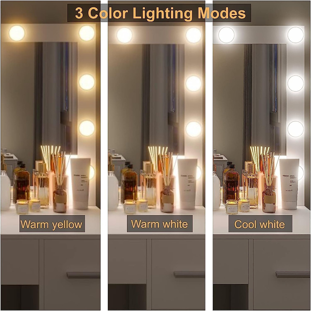 Irontar Vanity Desk with Stool, Makeup Table with Lighted Mirror, 3 Color Lighting Modes, Brightness Adjustable, Dressing Table with Drawers, Vanity Table Set for Women, White WDT004WD