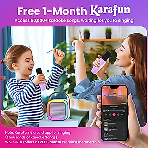 IROO Mini Karaoke Machine for Kids, Easter Busket Birthday Gifts Toys for Girls Boys Friends Age 3-12+, Portable Bluetooth Speaker with 2 Wireless Mics, Karafun Premium Songs Family Party(Purple)