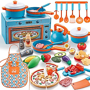 Laugigle Play Kitchen Accessories - 46Pc Kids Kitchen Playset with Kids Pots and Pans Playset, Pizza Toy, Play Food with Play Fruit Veggies, Kitchen Toys, Cooking Utensils Toy, Apron, Boys Girls Gift
