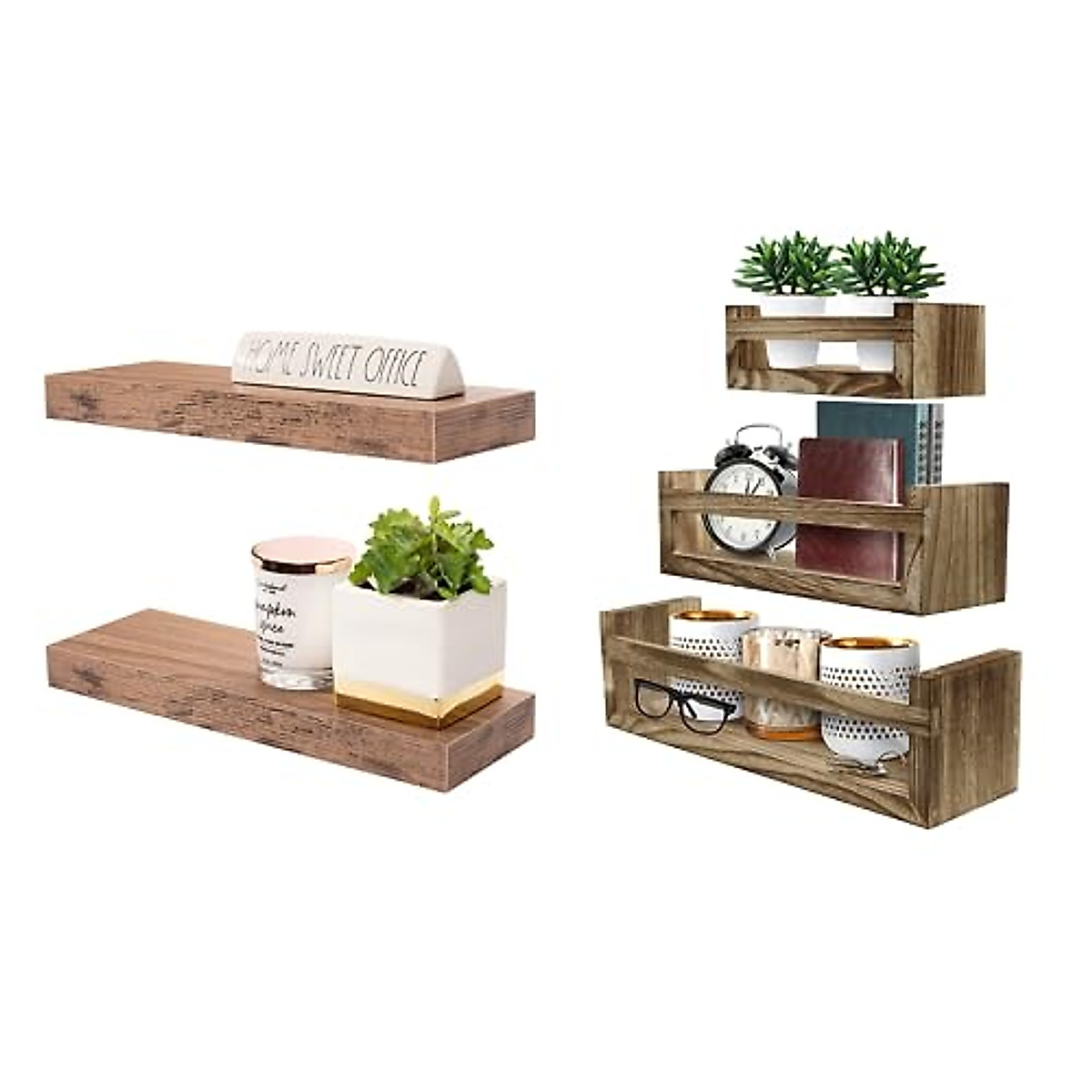 Sorbus Floating Shelves Bundle - 5 Rectangular Floating Shelves - 3 Support Bar Shelves & 2 Flat Floating Shelves - Hanging Wall Shelves for Home Decor