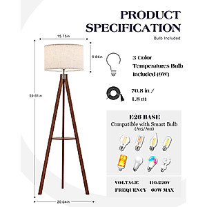 ELYONA Tripod Floor Lamp with Table, Rubber Wood Tall Standing Light, Mid Century Modern Corner Shelf Reading Floor Lamp with Drum Shade for Living Room, Bedroom, Office, LED Bulb Included, Brown