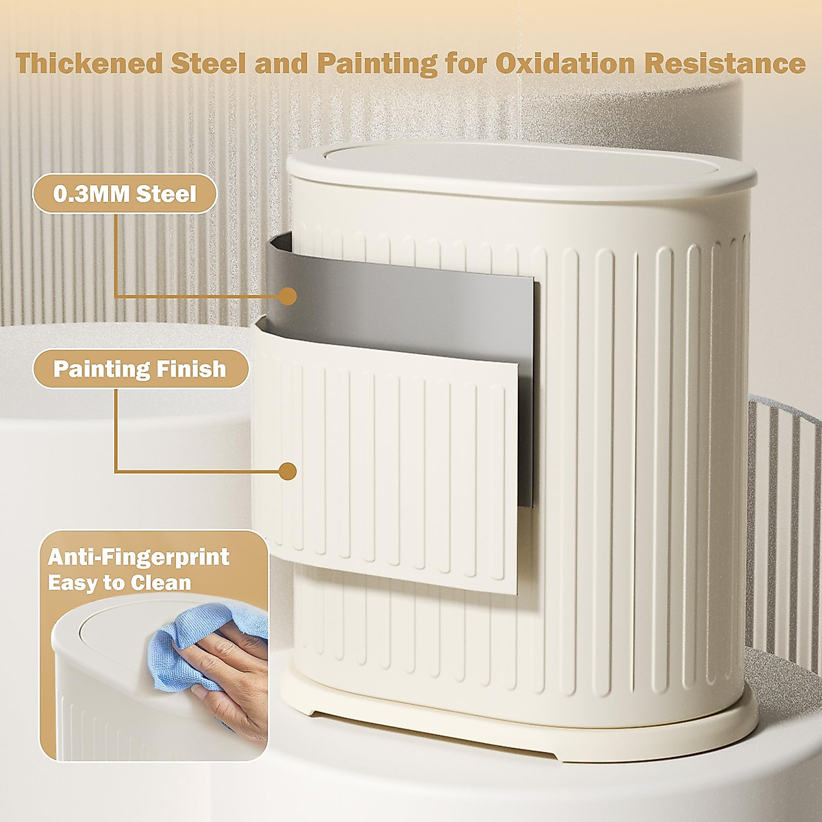 QINOFEN Stainless Steel Small Bathroom Trash Can with Pop up Lid 9L/2.4 Gallon Metal Waste Basket with Removable Liner Bucket,Slim Garbage Can Bin Under Desk/Sink for Bedroom,Office,Toilet,Diaper