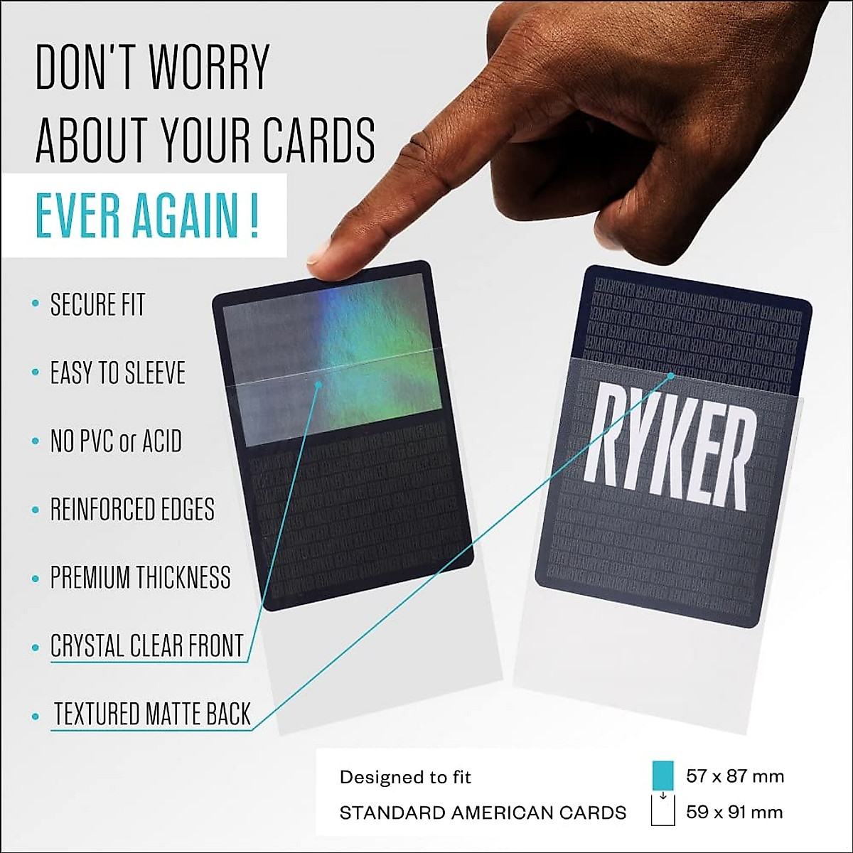Ryker Sleeves Standard American Size - Trading Card, Card Game Sleeves and Board Game Sleeves (100 Qty, Clear, 56x87 mm)