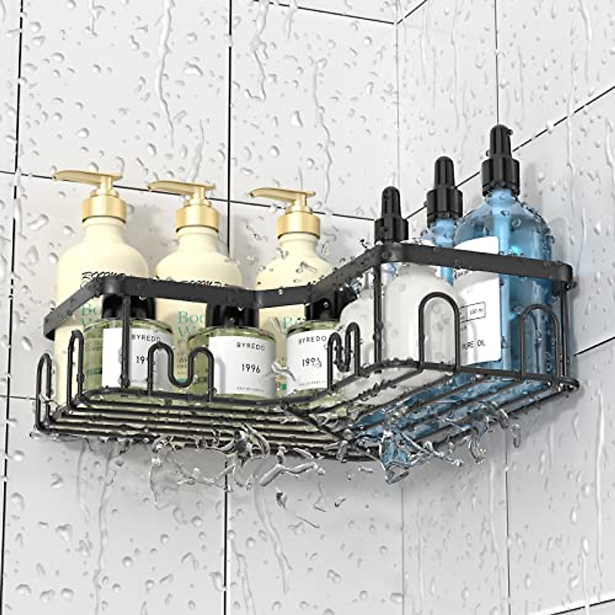 Menbyci 3 Pack Corner Shower Caddy, Stainless Steel Corner Shower Shelf with 18 Hooks, Adhesive Shower Shelves Shower Organizer Corner for Bathroom Storage (Black)