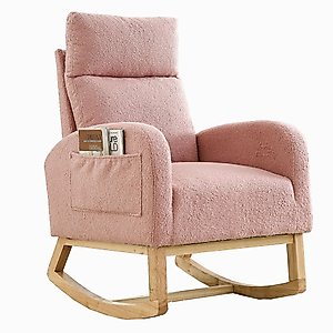 Dolonm Rocking Chair Modern Glider Chair for Baby Nursery Upholstered Rocker High Back Accent Armchair for Living Room, Bedroom, Office, Pink-Teddy