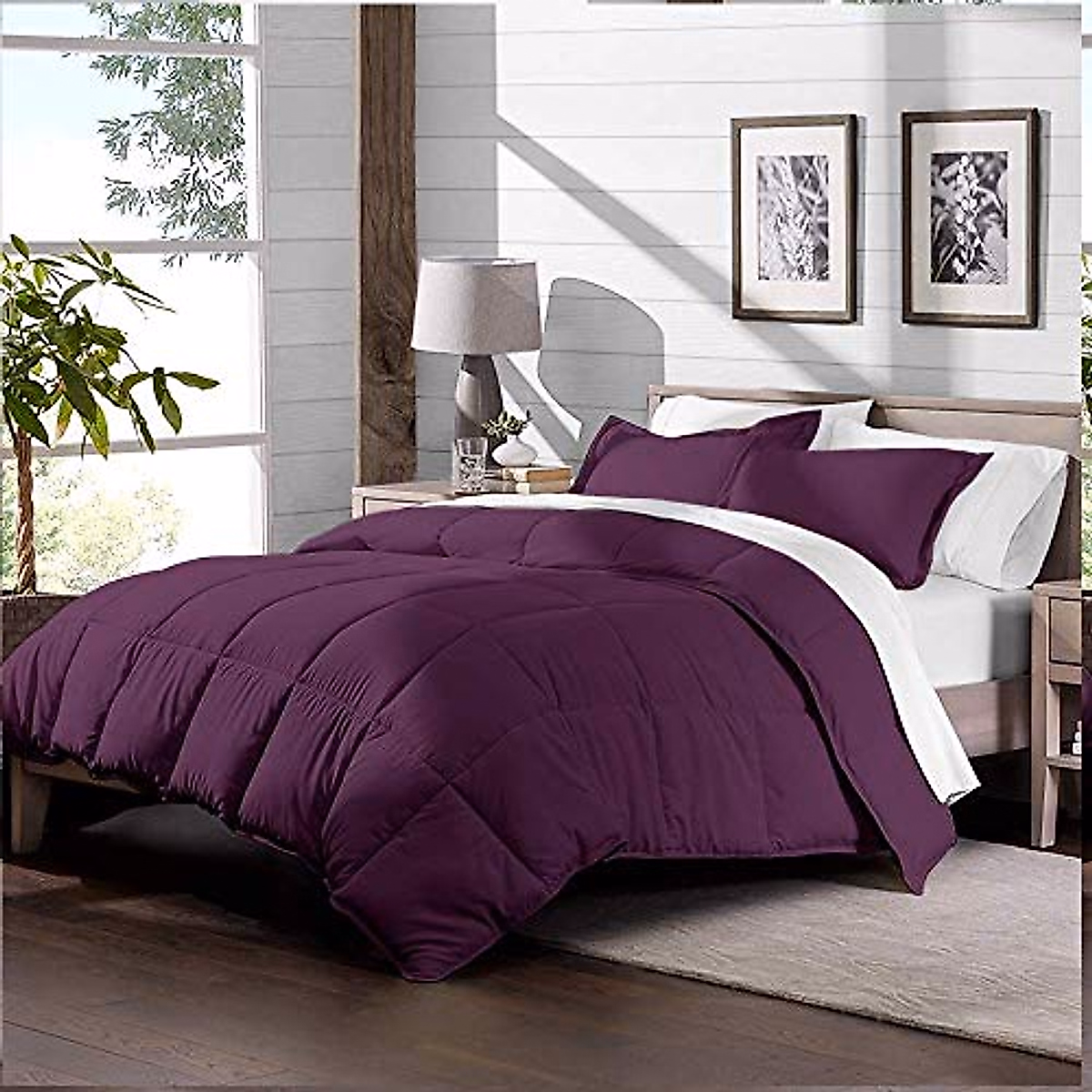 Bed in Bag 500 Series Egyptian Cotton 7 Piece 600 GSM Comforter Set ( Comforter + Flat Sheet + Fitted Sheet 18" + 4 Pillow Cases ) Quilted Bedding Set Queen Egg Plant
