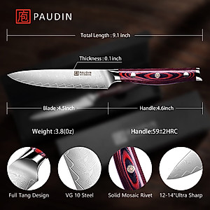 PAUDIN Kitchen Utility Knife, 5" Kitchen Knife, Professional Japanese VG10 Damascus Stainless Steel Knife with Ergonomic Full Tang G10 Handle