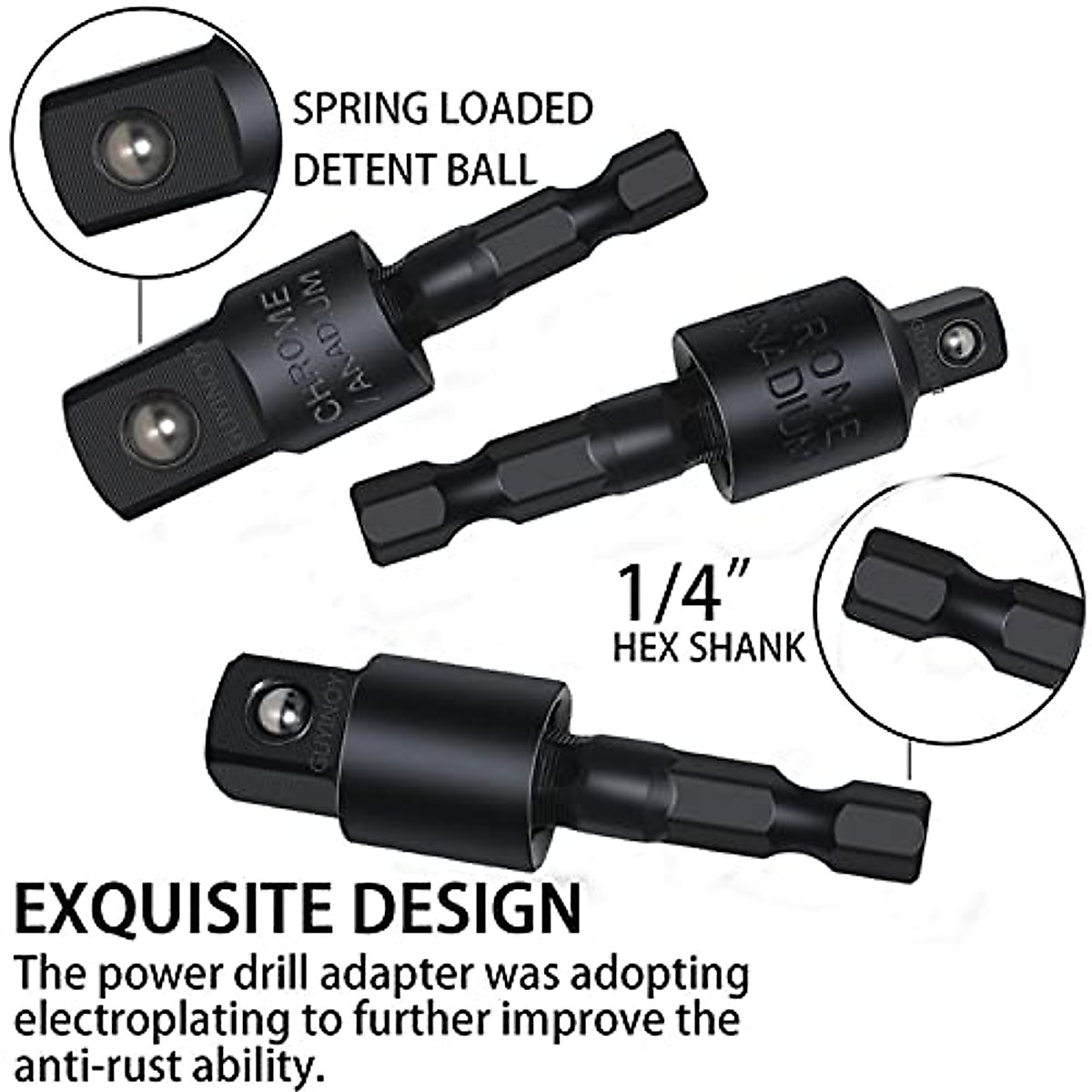 3Pcs 1/4" 3/8" 1/2"360°Rotatable Hex Socket Adapter Drill Bits Set,Impact Grade Socket Wrench Adapter Extension Set,105°Right Angle Drill Screwdriver set Drill Hex Bit Socket Adapter