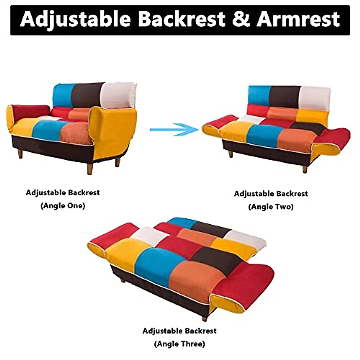 Convertible Futon Sofa Bed with 2 Pillows, Loveseat Sleeper Sofa Futon Couch, Recliner Couch with Adjustable Armrest and Wood Legs, Living Room Sofa with 3-Angle Backrest for Small Space (Colorful)