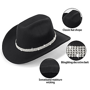 Five Rows Rhinestones-Cowboy-Cowgirl-Hat - Roll Wide Brim Western-Hat for Wedding Music Costume Party (Fit for M-L) Black