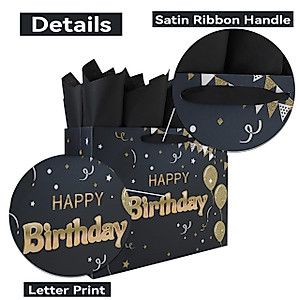 13” Large Black Happy Birthday Gift Bag Set with Handles, Greeting Card, Tissue Papers and Stickers for Women Girls Men Boys, Balloons Design, 1 Pcs