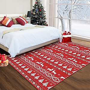 RUGSREAL Washable Christmas Area Rug Christmas Tree and Deer Boho Area Rugs Carpet Holiday Decorative Carpet Rug Velvet Foldable Coffee Table Accent Rug Farmhouse Dining Table Rug, 4' x 6'