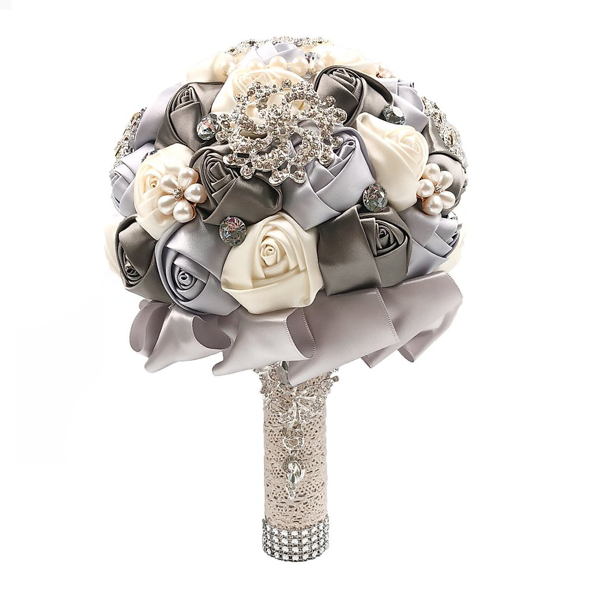 Abbie Home Advanced Customization Romantic Bride Wedding Holding Toss Bouquet Rose with Pearls and Rhinestone Decorative brooches Accessories- (Grey + Creamy White)