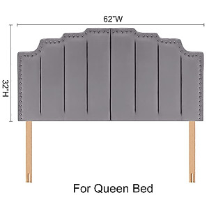 Kingfun Mid Century Headboard for Queen Size Bed, Velvet Upholstered Tufted Bed Headboard with Nailhead Decor, Adjustable Curved Solid Wood Head Board Vertical Channel Design (Medium Grey)